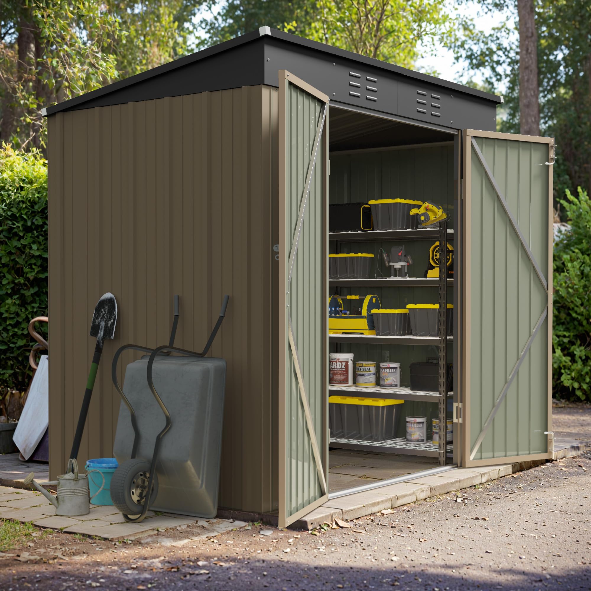 Devoko 6 x 8 FT Outdoor Storage Shed, Metal Garden Tool Sheds & Outdoor Storage House with Sloped Roof for Patio Lawn Backyard (Brown)