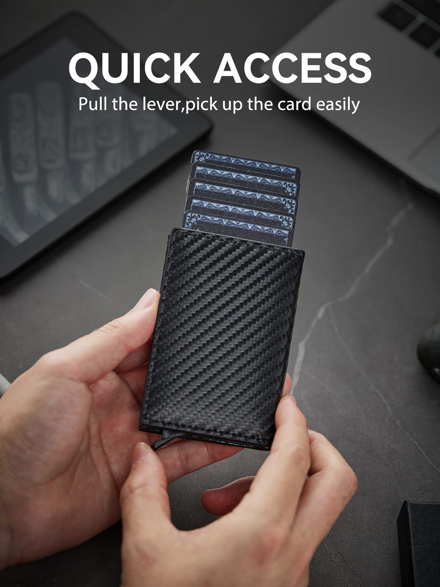 BIAVOI Pop Up Wallet for Men Slim Card Wallet RFID Blocking Card Case Card Holder Up to 10 Cards (Carbon Fiber Leather)