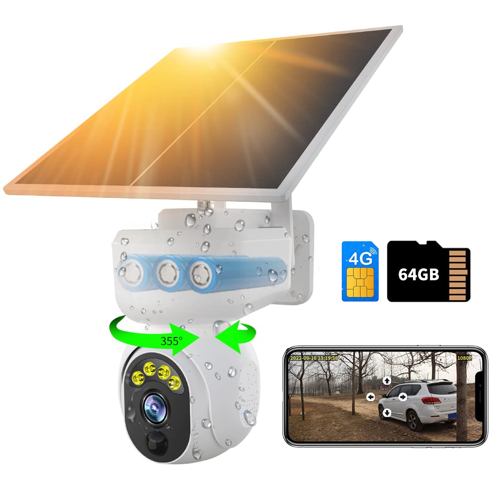 Cellular Security Camera Wireless Outdoor Solar 3G/4G LTE,Solar Power Battery No Need WiFi Cellular Trial Camera,PTZ 360 View,IP65 Weatherproof,PIR Motion Detection,Colorful Night Vision,2-way Talk