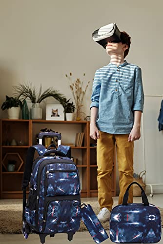 Egchescebo 18" School Kids Rolling Backpack for Adults With Wheels Trolley Wheeled Backpacks for Boys Students Travel Bags Adults With Lunch Box Pencil bag 3PCS Navy Blue
