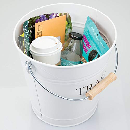 iDesign Metal Pail Trash Can for Bathroom, Bedroom, Home Office, Dorm, 10.75" x 10.75" x 10.5", White Finish with Vintage Black Lettering