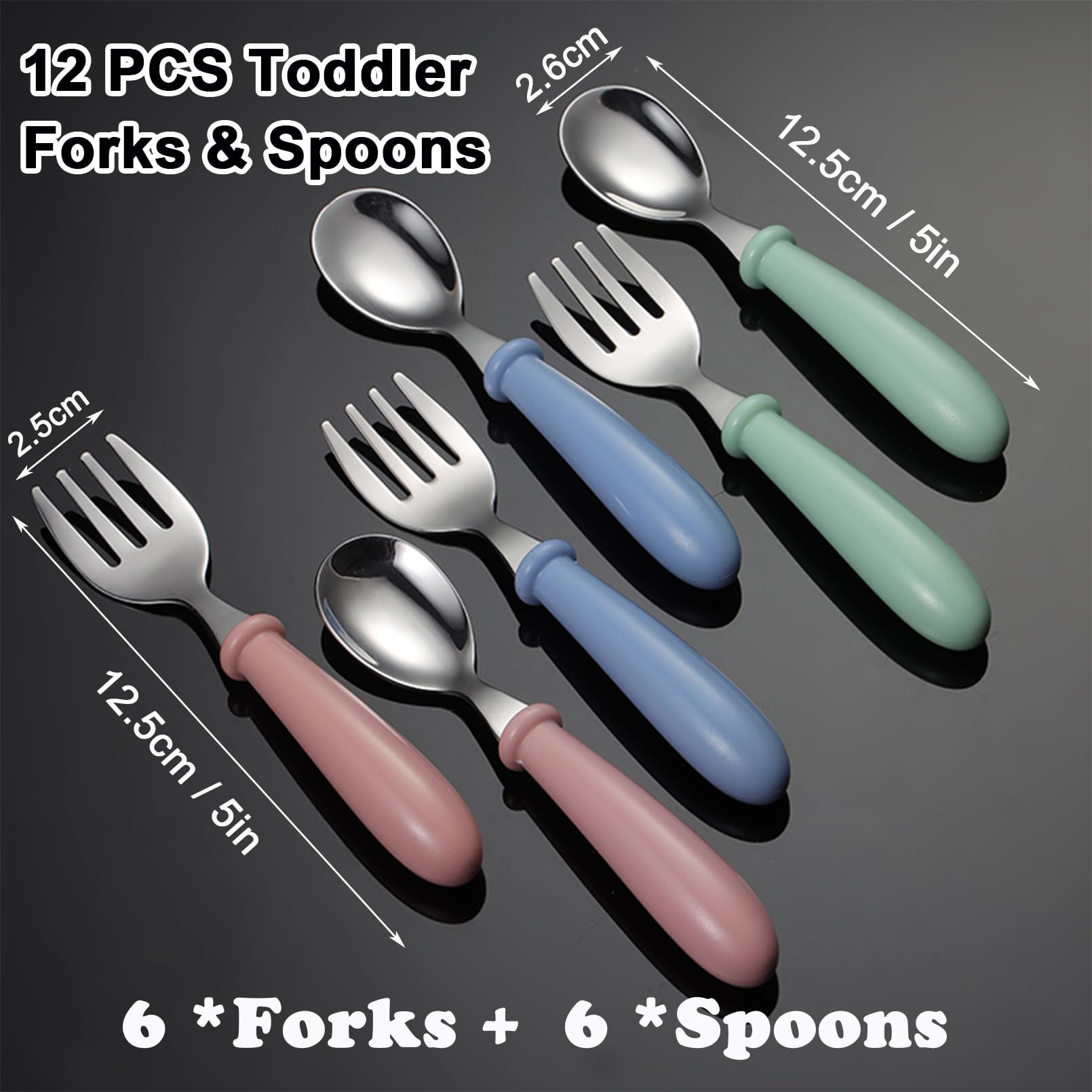 xlehoely 12 Pieces Toddler Utensils,Stainless Steel Baby Forks and Spoons Silverware Set,Kids Silverware Set Children's Cutlery Set with Round Handle,Toddler Flatware Fork Spoon Set,Dishwasher Safe