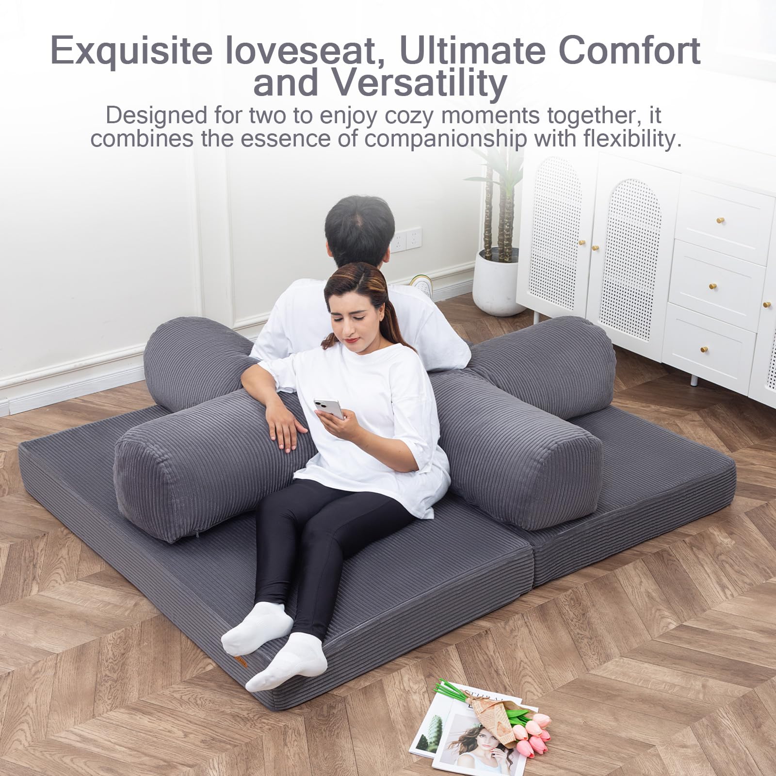 COMAX Folding Sofa Bed, Convertible Sofa Queen Floor Couch with L-Shaped Armrests, Foldable Futon Chair Bed Sleeper Mattress Fold Out Comfy Lounge for Living Room Bedroom, Dark Grey