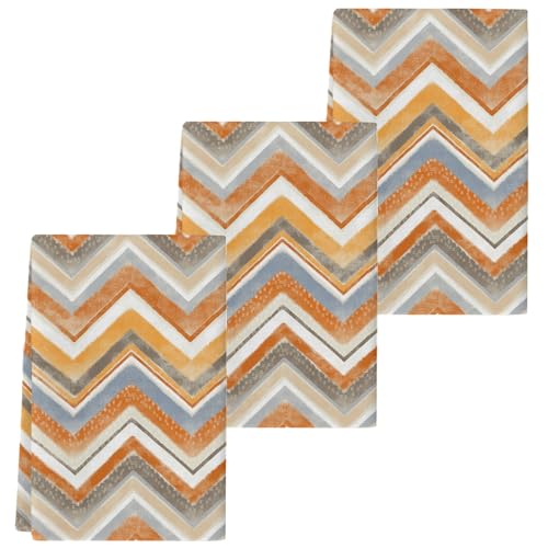 Beisseid Kitchen Dish Towels Orange Grey Chevron Dish Cloth Fingertip Hand Towels Geometric Design Stripe Super Absorbent Soft Cotton Tea Towel 3 PCS