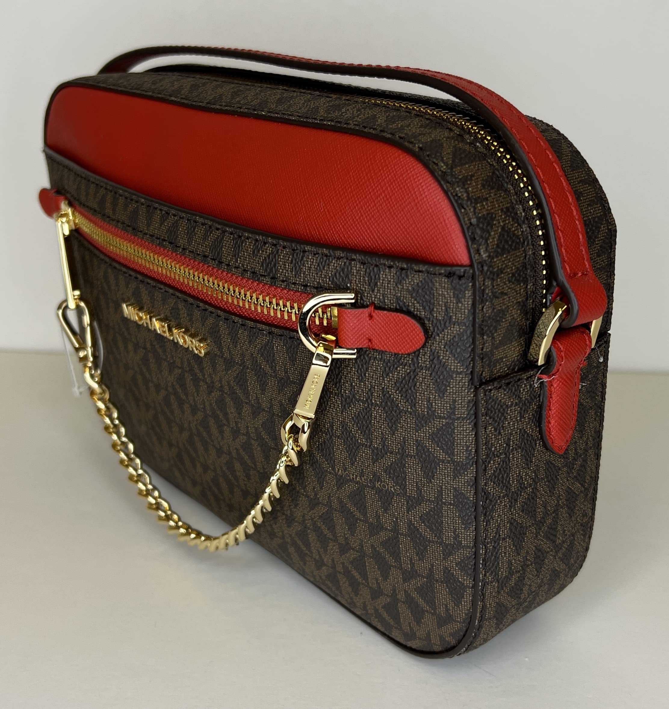 Michael Kors Jet Set Large Chain Crossbody Bag bundled with with SM TZ Coinpouch Wallet and Purse Hook (Signature MK Brown/Flame)