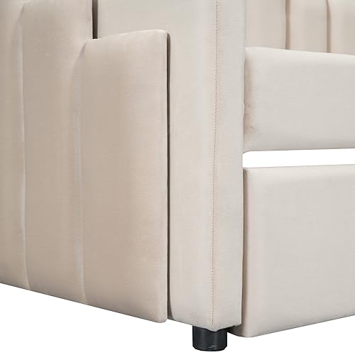 DEYOBED Twin Size Upholstered Daybed with Trundle, Light and 2 USB Ports, Twin Day Bed Sofa Bed Frame for Bedroom Living Room Guestroom, No Box Spring Needed, Beige