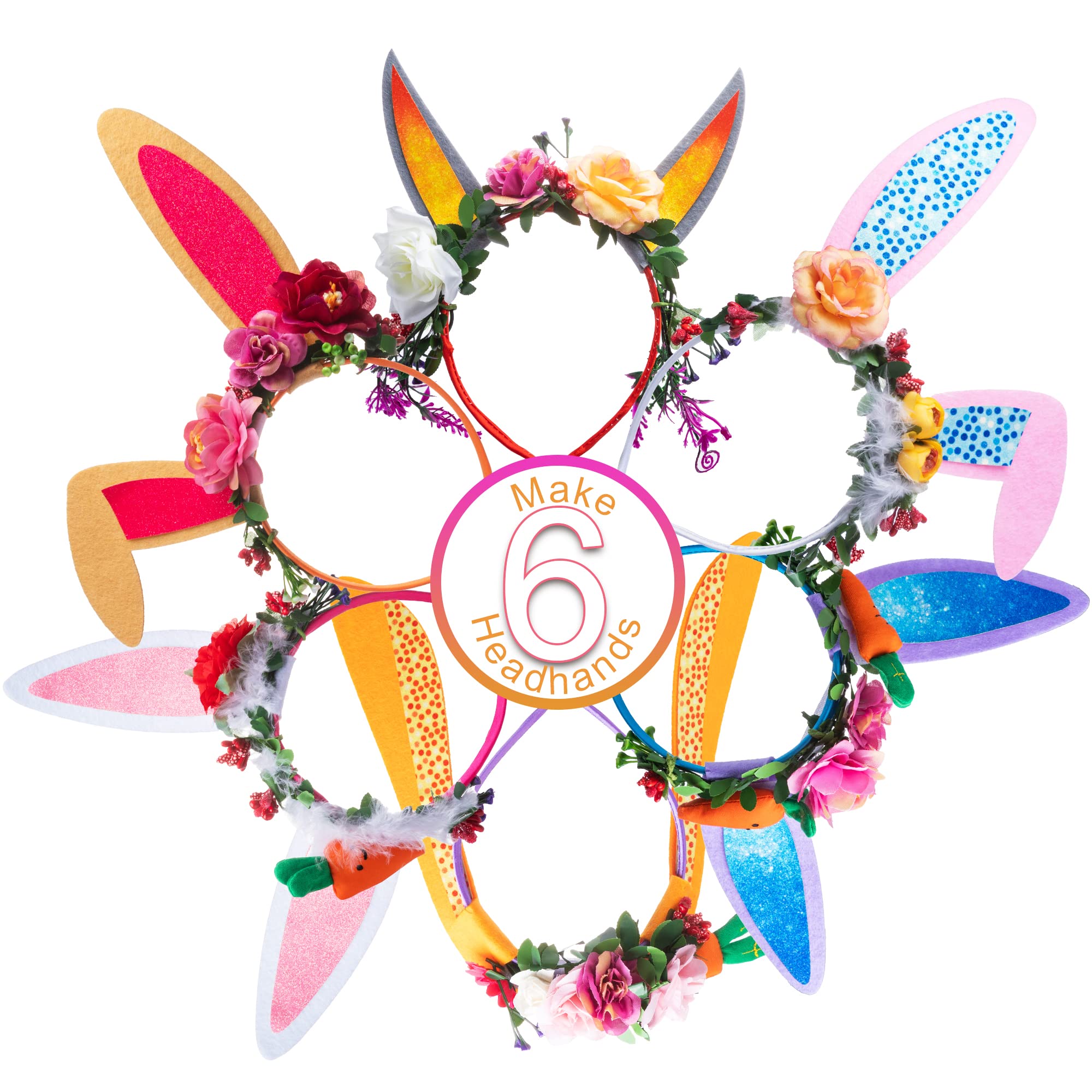 Klever Kits 6 Packs Easter Bunny Headbands Craft Kits Easter Rabbit Bunny Ears Flower Crown Headbands for Kids, Make Your Own Headband for Girls Easter Arts & Crafts Party Supplies, Easter Decorations
