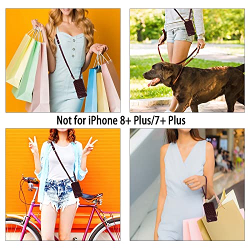 MONASAY Zipper Wallet Case for iPhone SE 2022/2020/8/7,[Glass Screen Protector ][RFID Blocking] Flip Leather Handbag Phone Cover with Card Holder & Crossbody Lanyard Strap, Burgundy