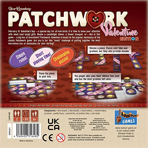 Patchwork Board Game Valentine's Day Edition | Strategy Game | Puzzle Game | Family Board Game for Kids and Adults | Ages 8 and up | 2 Players | Average Playtime 30 Minutes | Made by Lookout Games