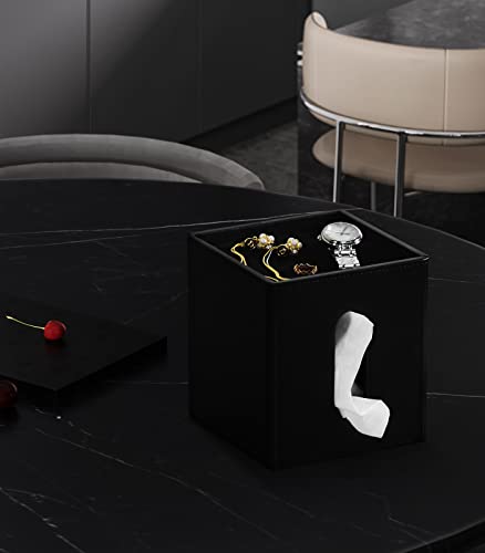GOLRANLYE Tissue Box Cover Square Multifunctional PU Leather Facial Tissue Box Holder for Dresser Bathroom Decor (Black)