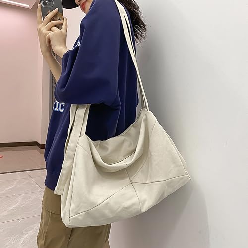 ASIEIT Unisex Canvas Crossbody Bag Wide Adjustable Strap Casual Messenger Bag Versatile Zipper Satchel Bag Large Capacity Foldable Slouchy Travel Bag (White)
