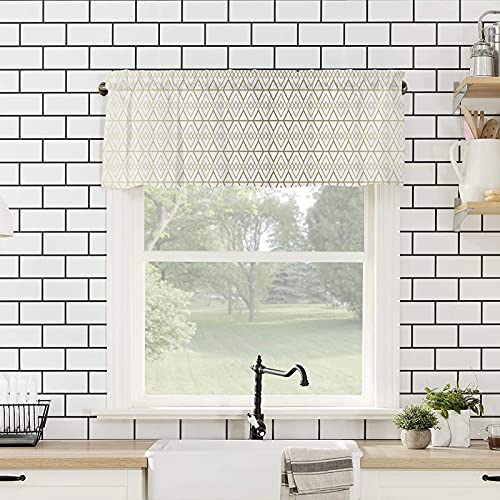 JasmineM Valances Curtains for Windows White Gold Line Rod Pocket Kitchen Valance Scarf for Living Room Geometric Short Window Treatment Drapes Curtain for Bedroom 42x12in