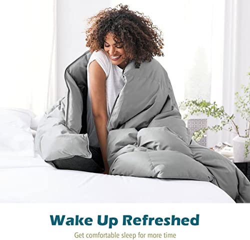 Cobnom Organic Feathers Down Comforter Queen Size, All Season Feathers Down Duvet Insert, Soft 100% Cotton Covered Bed Comforter Insert with Ties, Light Grey, 90x90