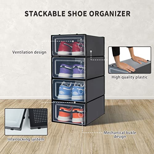 Hrrsaki 15 Pack Foldable Shoe Storage Boxes, Black Plastic Stackable Shoe Organizer Boxes with Front Opening Lids, Ventilation and Dust-proof, Shoe Container Boxes for Closet, Bedroom, Bathroom, Fit for Women/Men Size 9(13” x 9” x 5.5”)