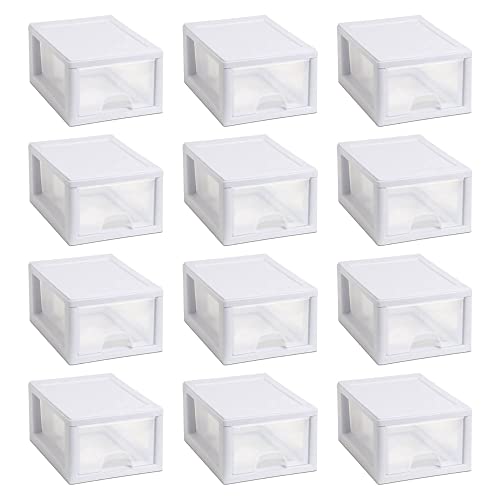 Sterilite Multipurpose Stackable Small Drawer Tote Containers with Reliable White Frame for Home or Office Organization, Clear (12 Pack)