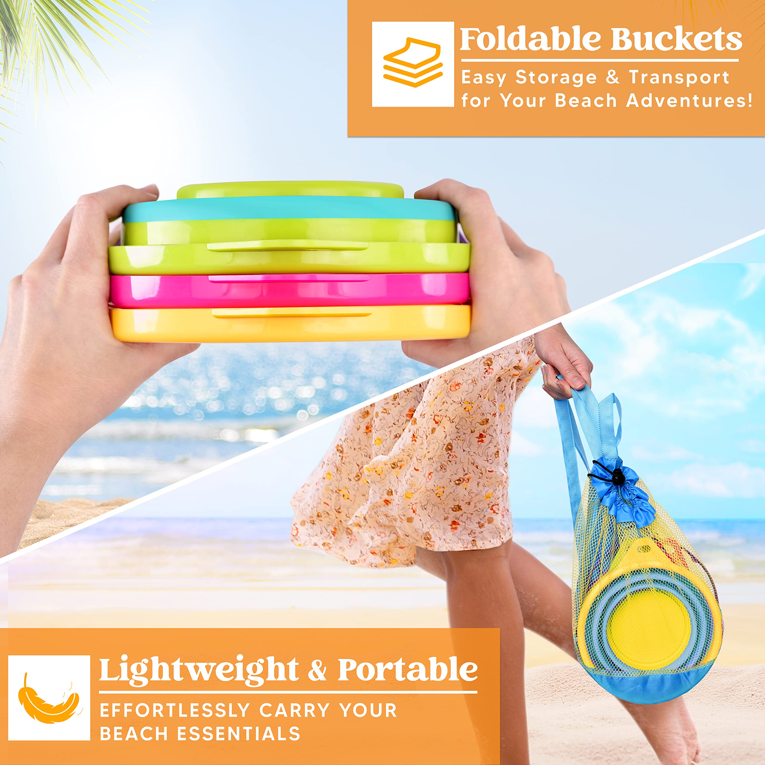 JOYIN 3 Packs Foldable Pail Bucket with Shovels & Mesh Bag, Collapsible Buckets Multi Purpose for Beach, Camping Gear, Beach Party, Fishing, and Fun Summer Activities (Yellow/Blue/Green)