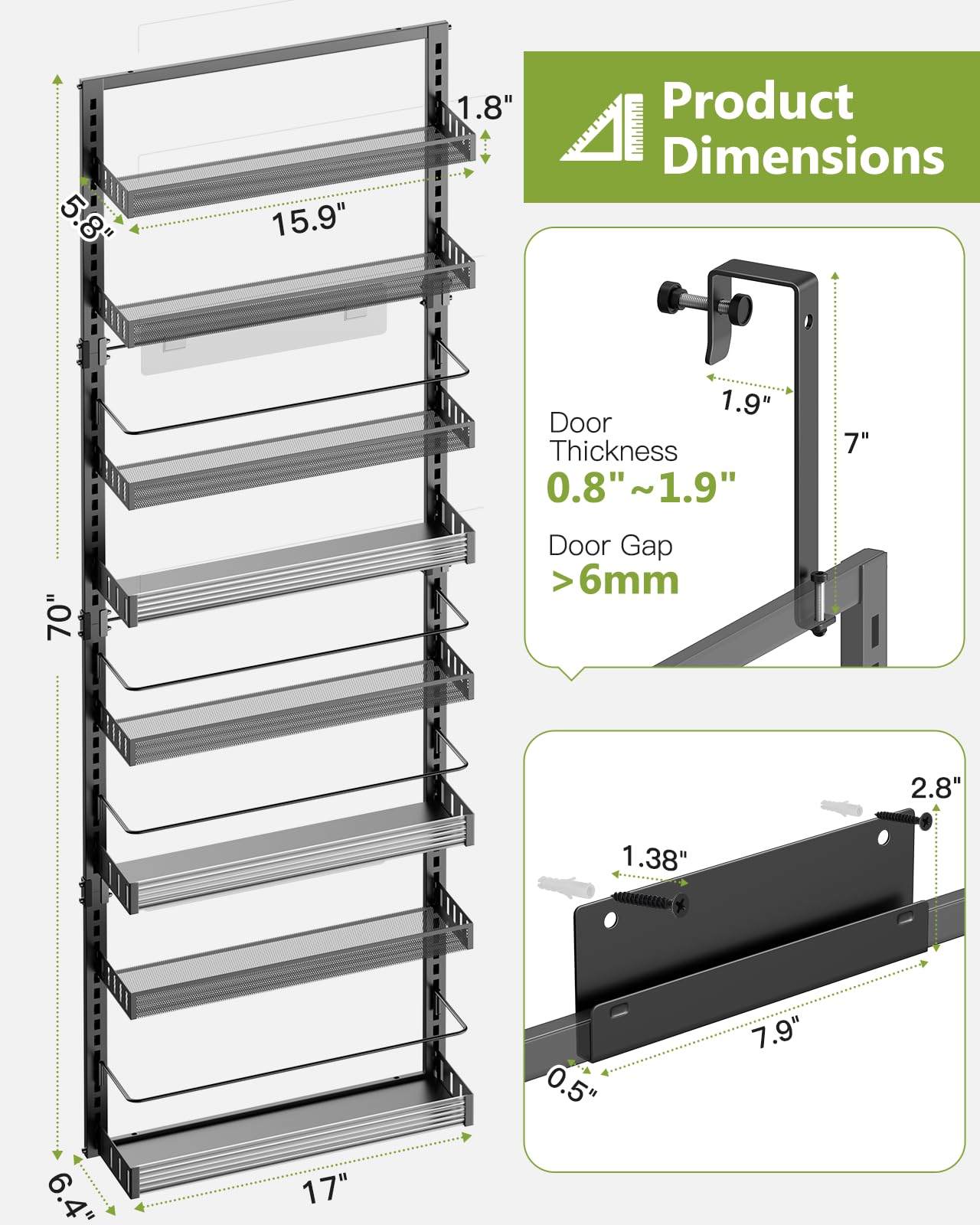 POKIPO 8-Tier Over the Door Pantry Organizer, 2 in 1 Large Door Spice Rack with Adjustable Metal Baskets, Heavy Duty Hanging or Wall Mounted Storage Organizer for Kitchen Pantry and Room Wall