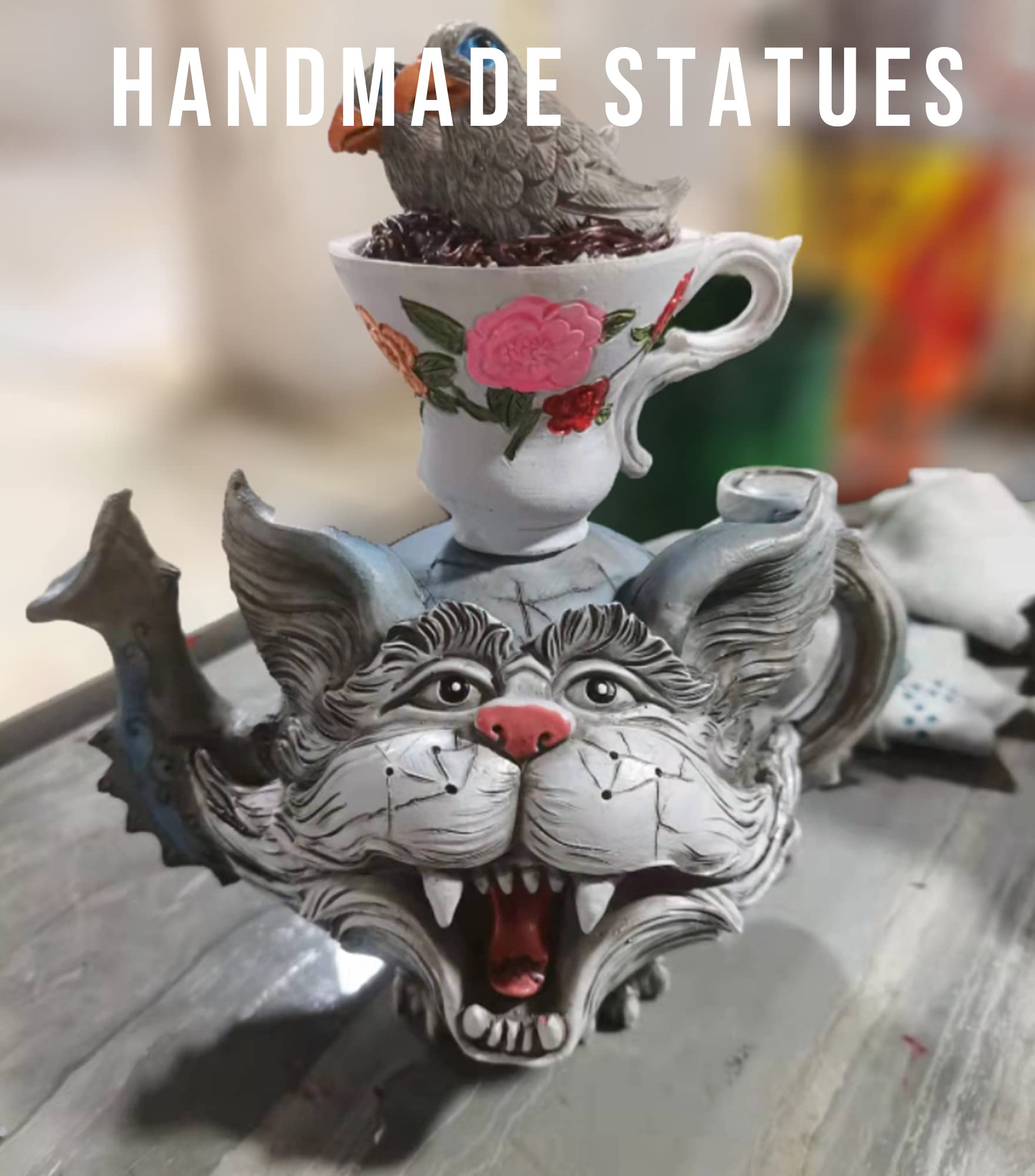 KllLAS Handmade Art Cat Teapot Statues Devil Cats Imitation Teapot Decor Sculpture - Home Desktop Shelf Ornaments Decorative Creative Resin Crafts for Living Room, Bedroom, Office(5.9in)