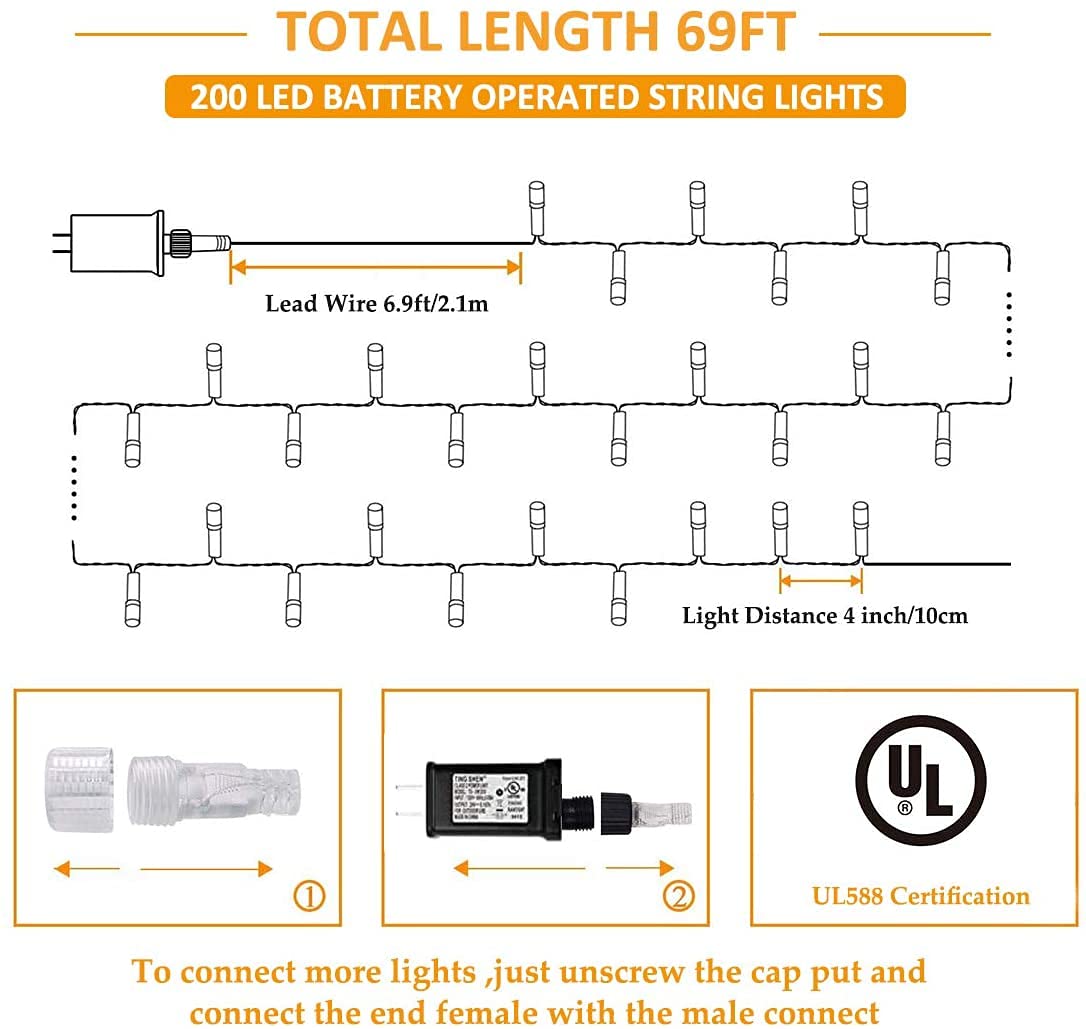 koopower Indoor String Lights, 69ft 200 LED Fairy Lights Plug in with Remote Timer 8 Modes Dimmable Outdoor Hanging Lights for Party, Christmas, Home Decoration, Garden, Patio Warm White