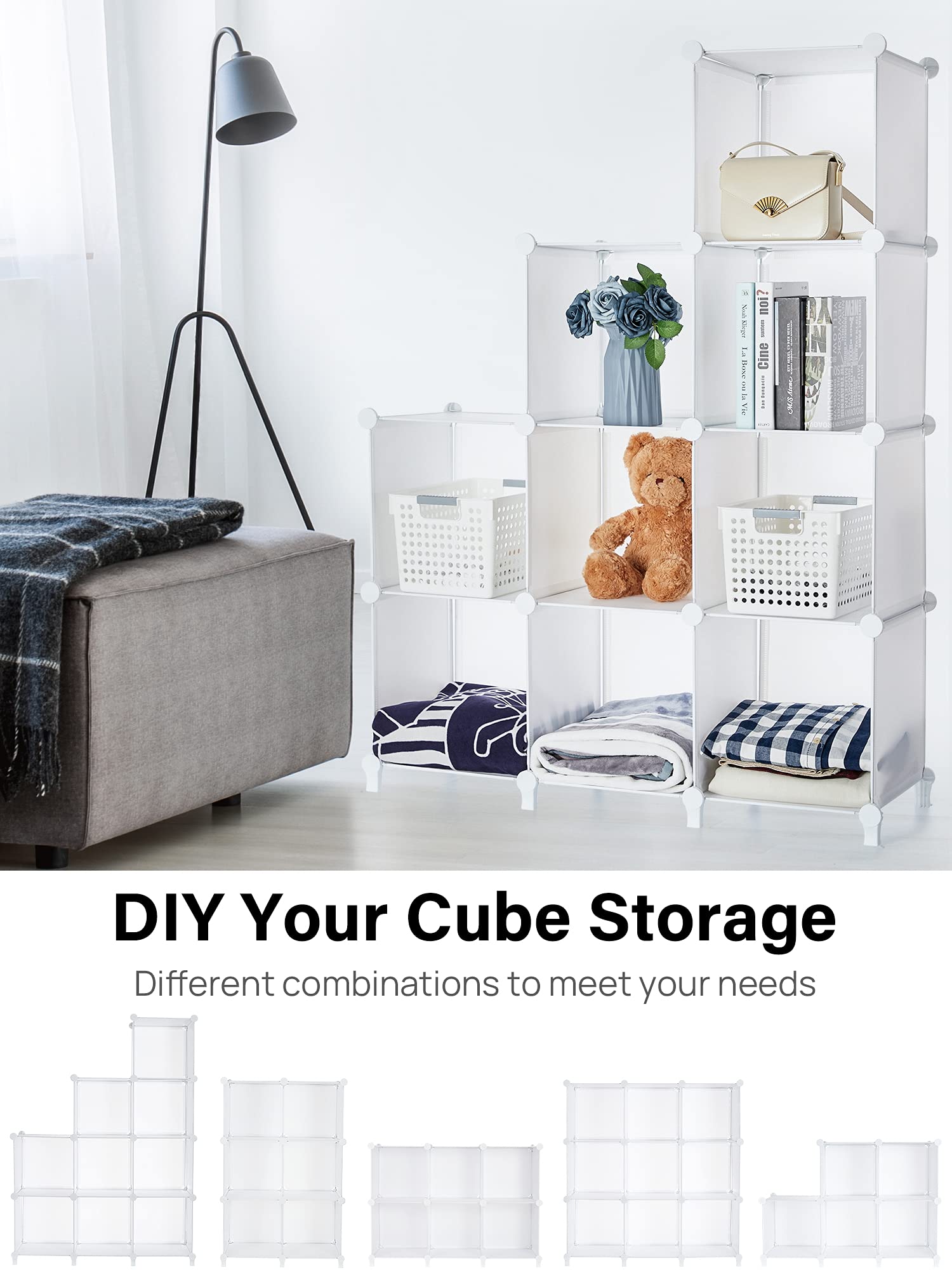 Kootek Cube Storage Organizer 9-Cube Modular Bookshelf DIY Plastic Clothes Shelves Closet Organizer Bins Square Storage Box with Hammer for Living Room Bedroom Office, White