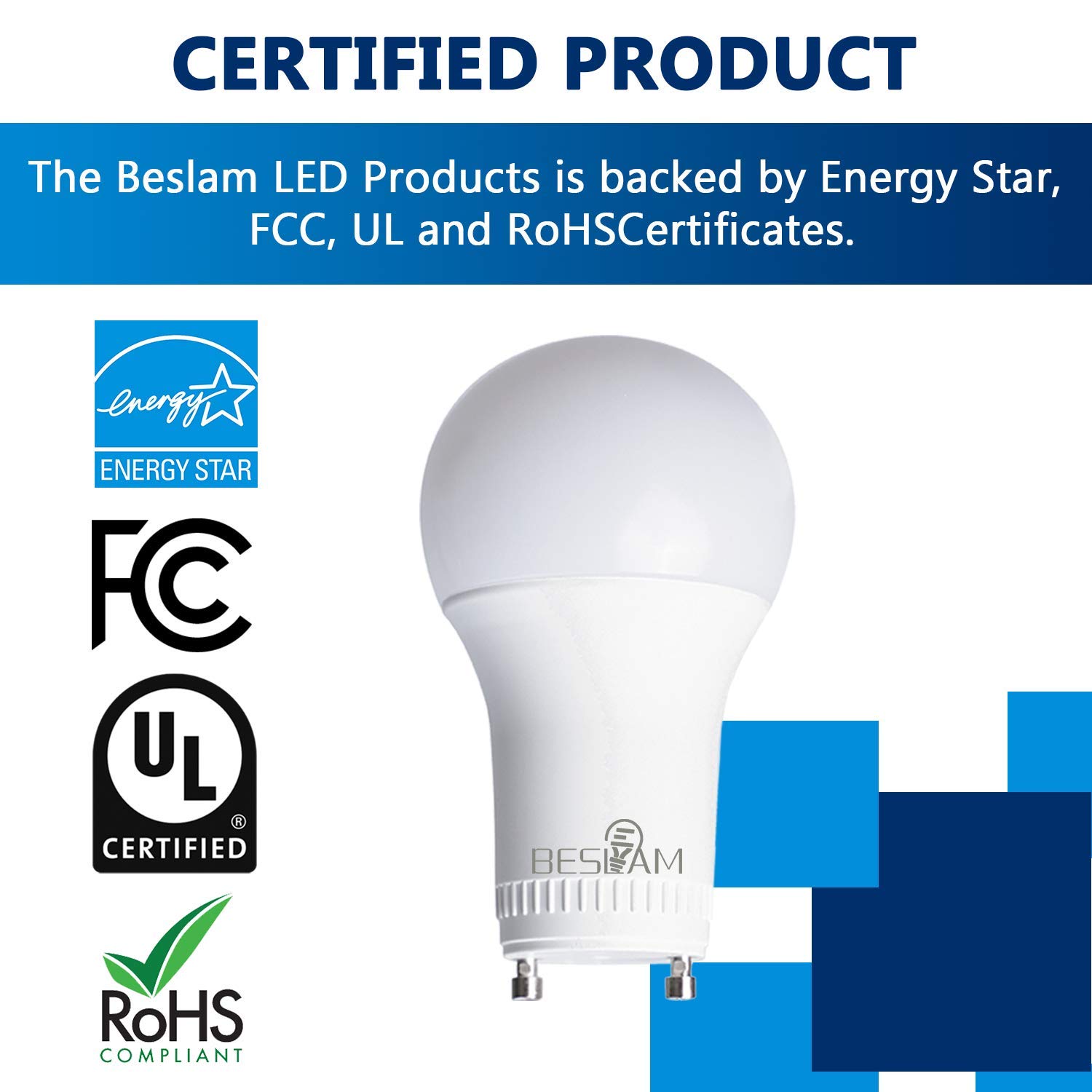 BESLAM A19 9W Led Light Bulbs, Gu24 Twist & Lock Base, 2 Prong Bulb,60W Equivalent, 5000K Cool White, 750 Lumens, UL Listed & Energy Star, Dimmable 6-Pack