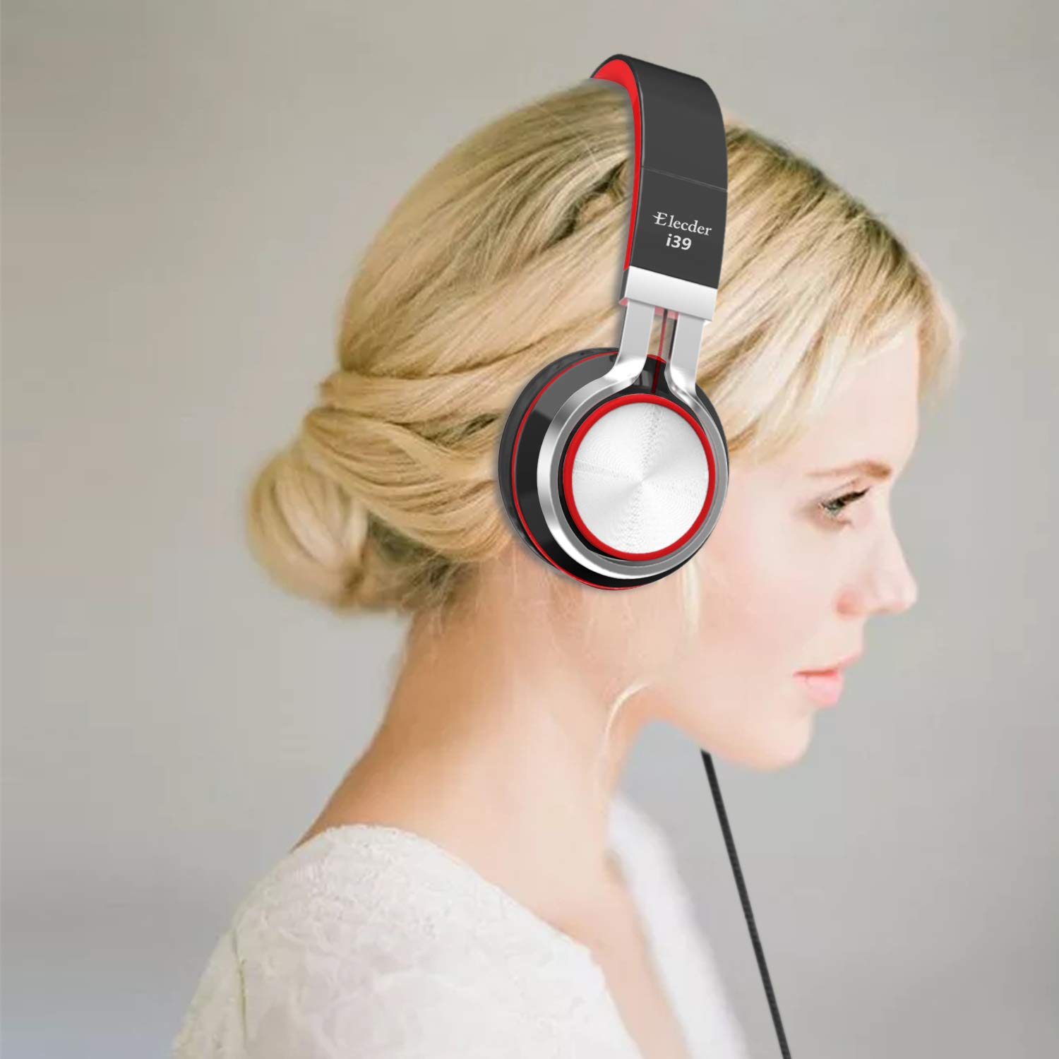ELECDER i39 Headphones with Microphone Foldable Lightweight Adjustable On Ear Headsets with 3.5mm Jack for Cellphones Computer MP3/4 Kindle School Red/Black