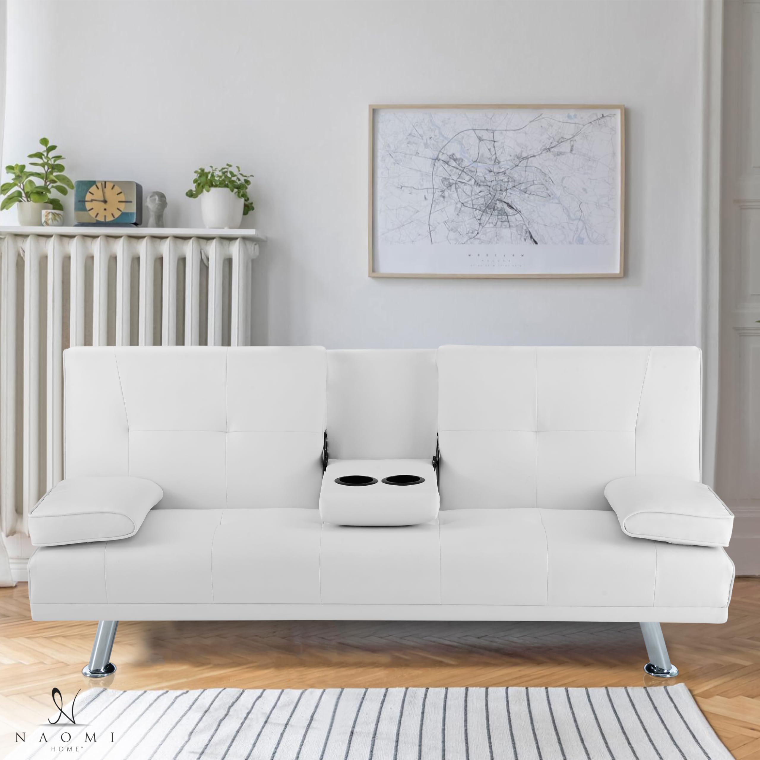 Naomi Home White Faux Leather Futon Sofa Bed, 3-Position Reclining Small Couch with Armrest, 2 Cupholders, 500 lbs Weight Capacity, Living Room