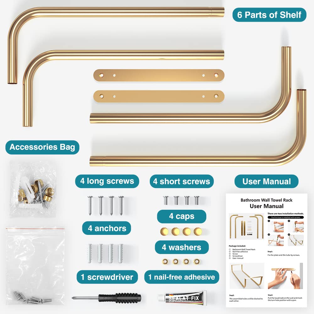 Towel Rack Wall Mounted, Bathroom Towel Storage, Stainless Steel Towel Racks for Bathroom, Bath Towel Holder Organizer for Folded Large Towel Washcloths, Easy to Install, Silver