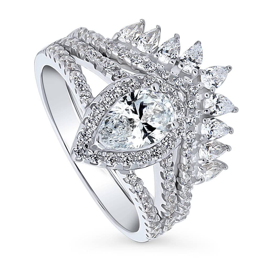 BERRICLE Sterling Silver Halo Wedding Engagement Rings Pear Cut Cubic Zirconia CZ Split Shank Ring Set for Women, Rhodium Plated Size 6
