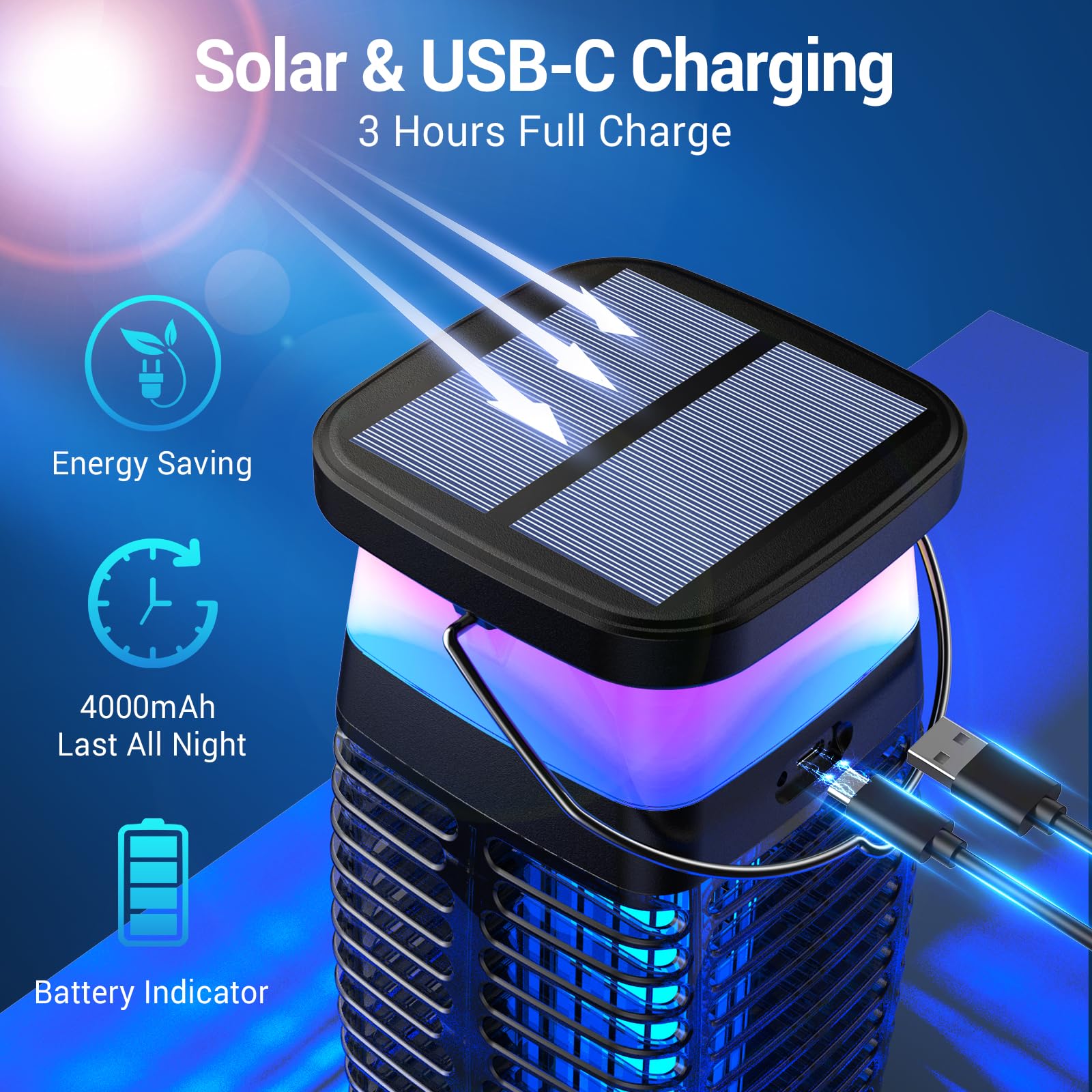 Bug Zapper Outdoor Indoor Mosquito Zapper Solar Fly Zapper Rechargeable Electric IP70 Waterproof Plug in with RGB Light & Reading Lamp for Patio Camping Home Backyard