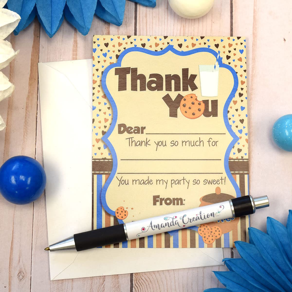 Milk & Cookies Blue & Brown Birthday Thank You Notes, Ten 4" x 5.5" Fill In The Blank Cards with 10 White Envelopes by AmandaCreation