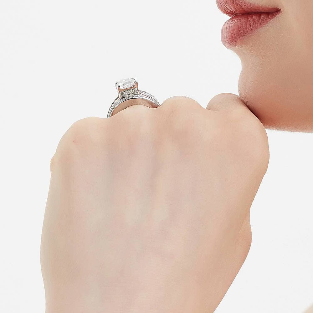 BERRICLE Sterling Silver Solitaire Wedding Engagement Rings 3 Carat Pear Cut Cubic Zirconia CZ Ring Set for Women, Rhodium Plated Size 5.5