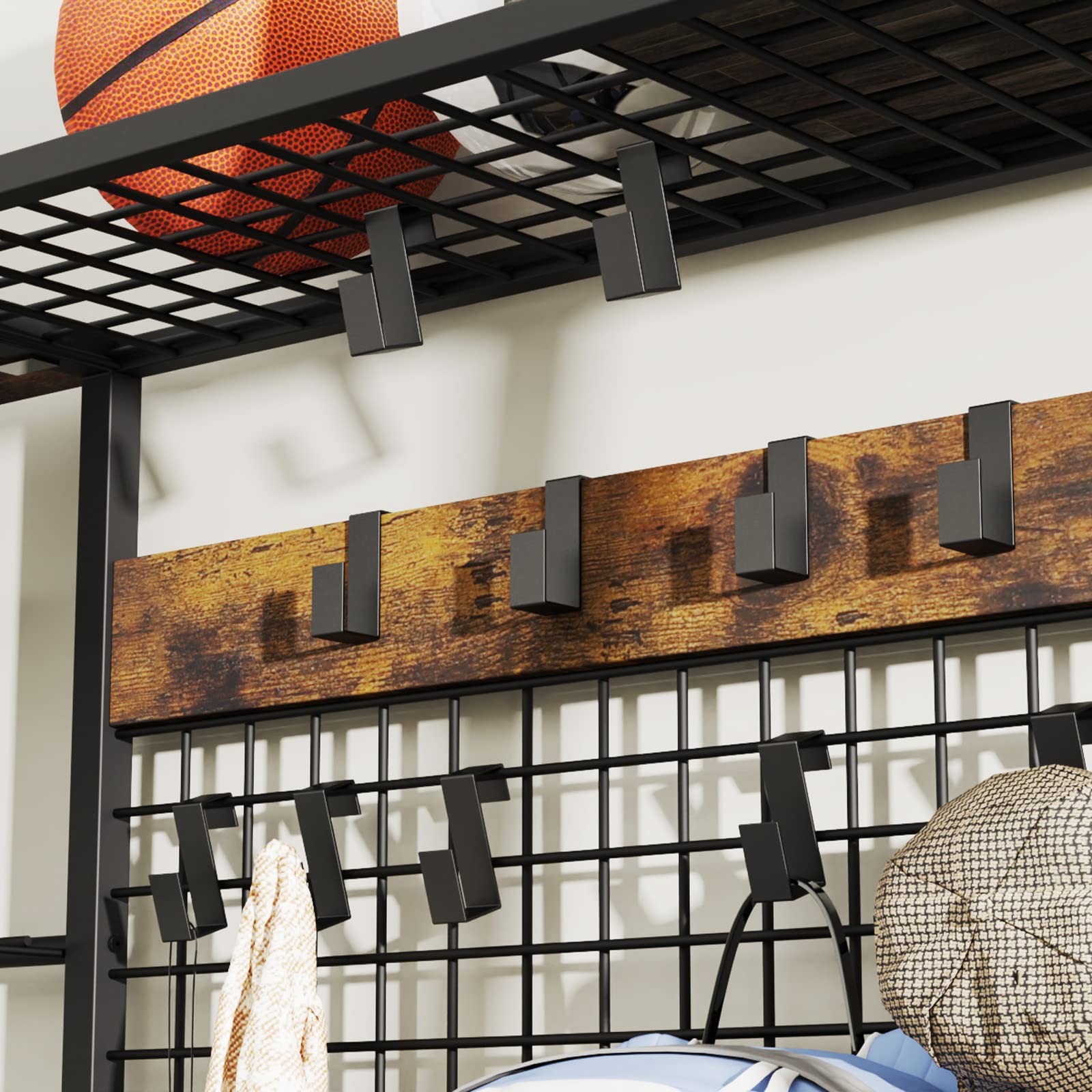 LGHM Modern Versatile Hall Tree with 10 Fixable Metal Hooks, Coat Rack Stand with 6 Side Shelves, Entryway Shoe Bench with Adjust Coat Rack, Top Mesh Shelf, 2 Fabric Box Rustic Brown