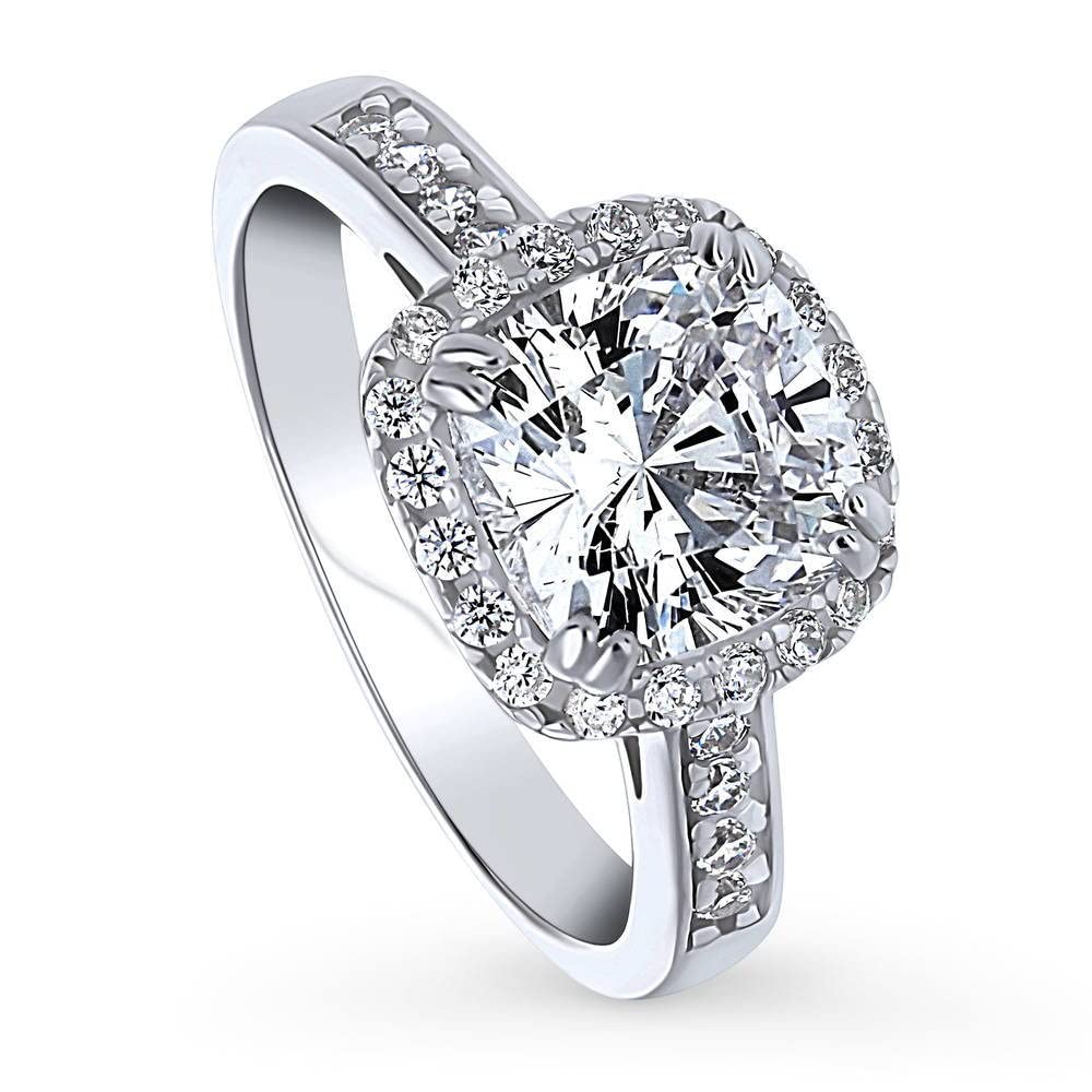 BERRICLE Sterling Silver Halo Wedding Engagement Rings Cushion Cut Cubic Zirconia CZ Ring for Women, Rhodium Plated Size 8