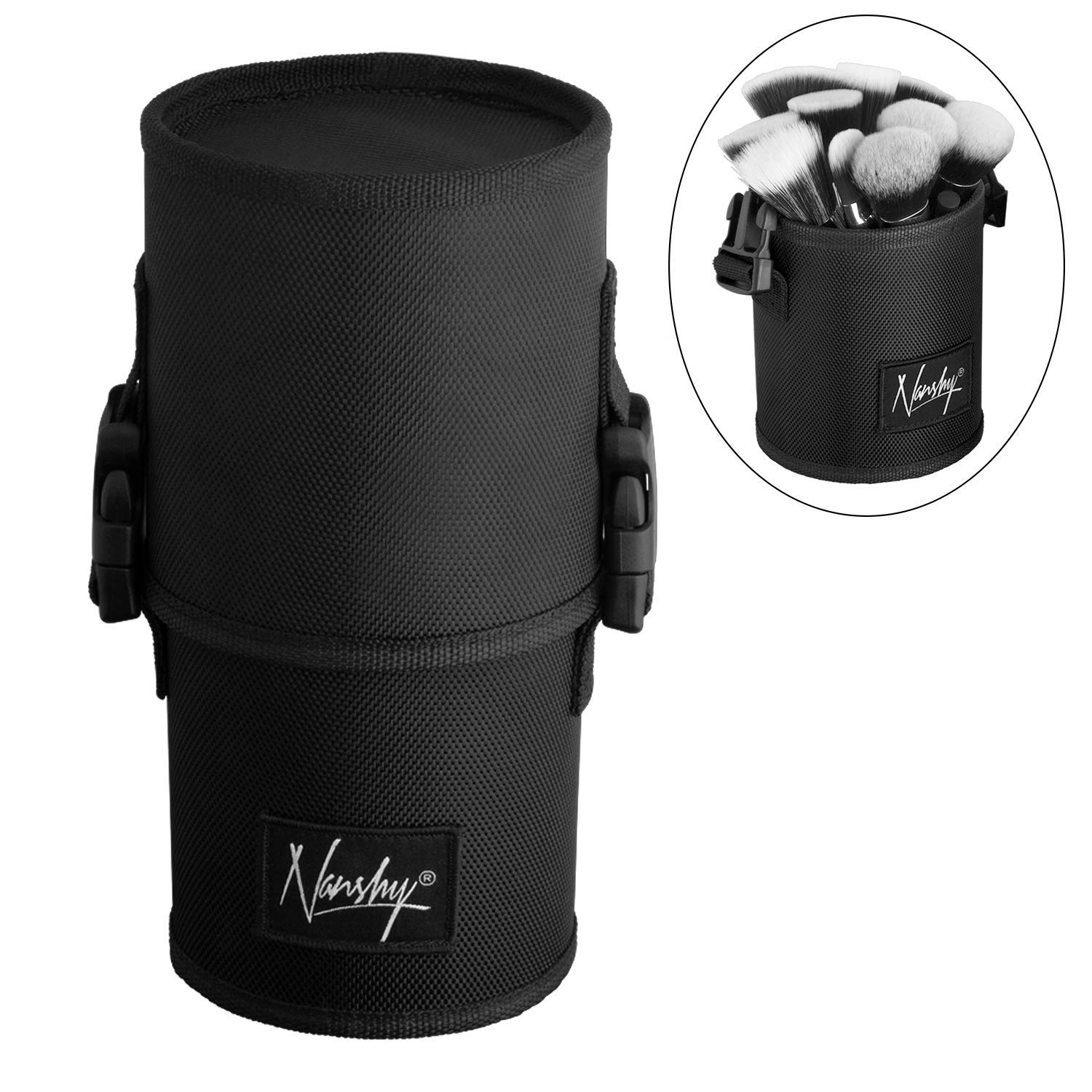 Nanshy Travel Makeup Brush Holder with Lid - Large, Stand Up Makeup Brush Case for MUA - 2-in-1 Durable Makeup Brush Organizer Bag & 2 Brush Cups - Brushes Not Included - Black - 9 x 4 x 4 Inches