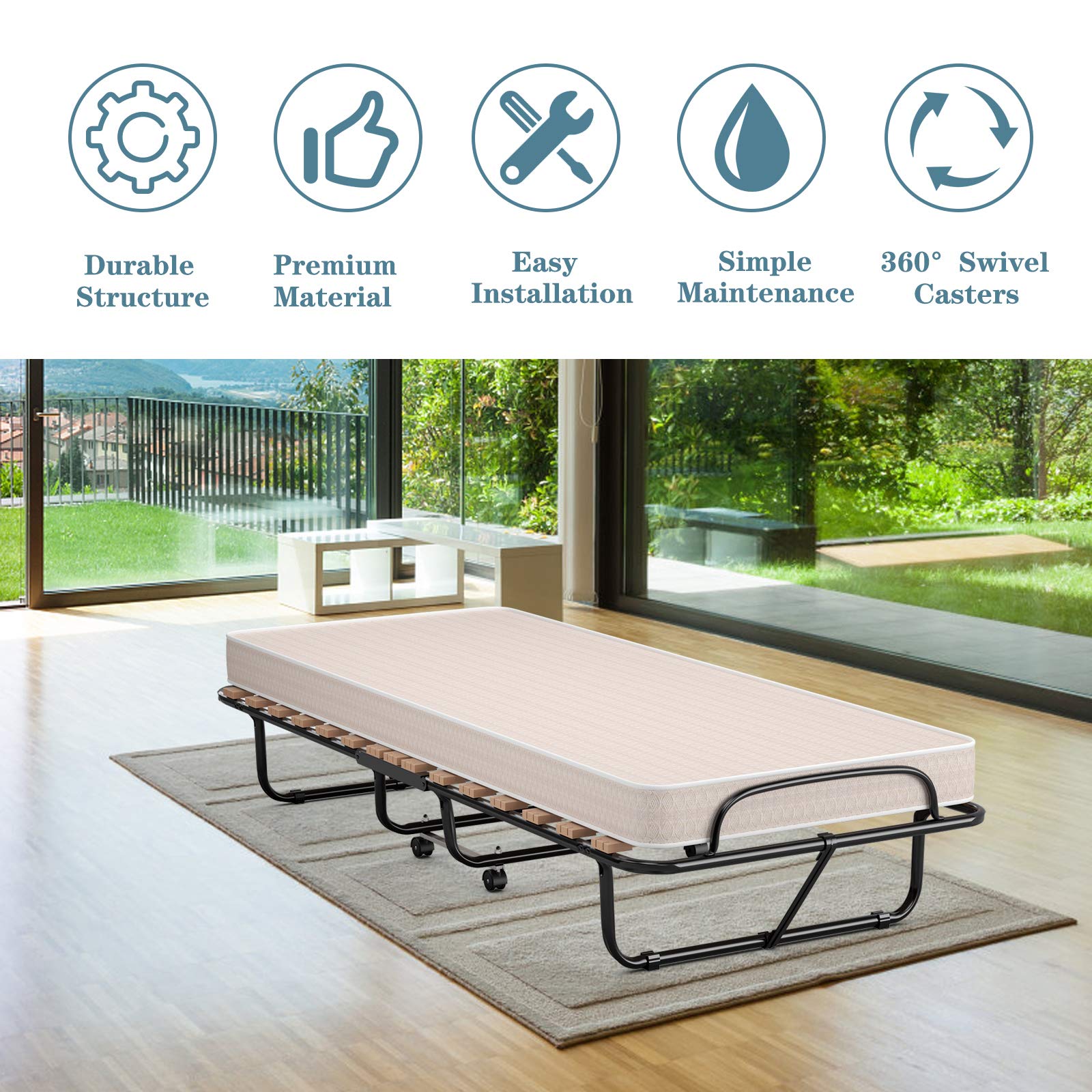 KOMFOTT Folding Rollaway Bed with 4" Mattress, Foldable Rollaway Bed with Memory Foam Mattress for Adults, Portable Fold Up Guest Bed with Sturdy Steel Frame on Wheels for Home & Office, Made in Italy