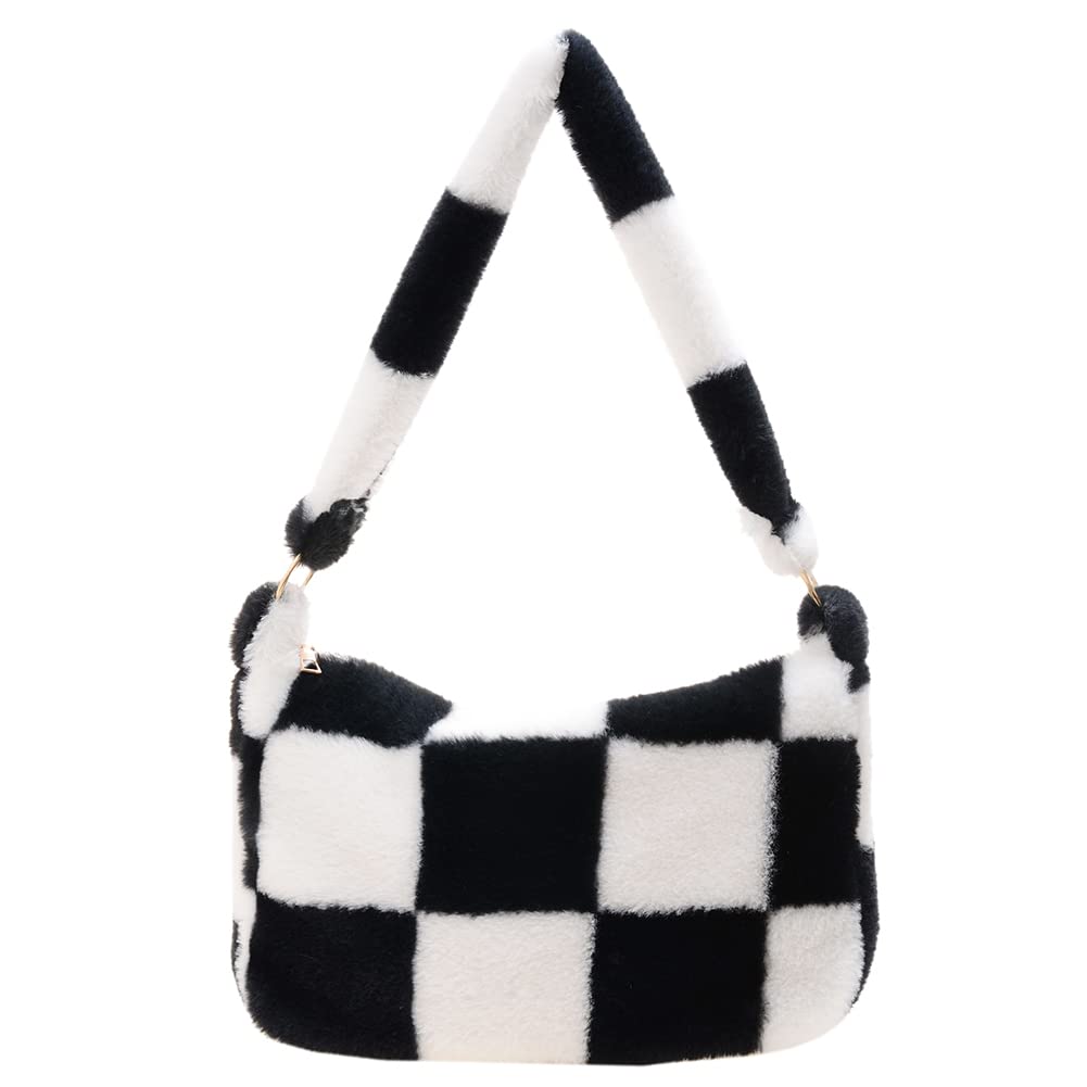 JQWSVE Fluffy Tote Bag Furry Shoulder Bag for Women Black and White Checkered Bag Large Plush Bag Fluffy Purse for Autumn and Winter