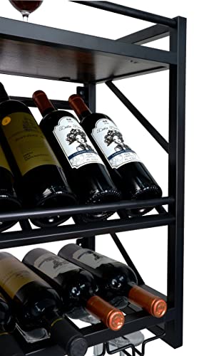 Farmhouse Wall Mounted Wine Rack with Tilting Display Shelf, Wall Hanging Wine Rack, 3-Tier Shelves with Stemware Glasses Holder for Wine Storage, Wine Display Shelf for Kitchen Living Room Cafe Bar