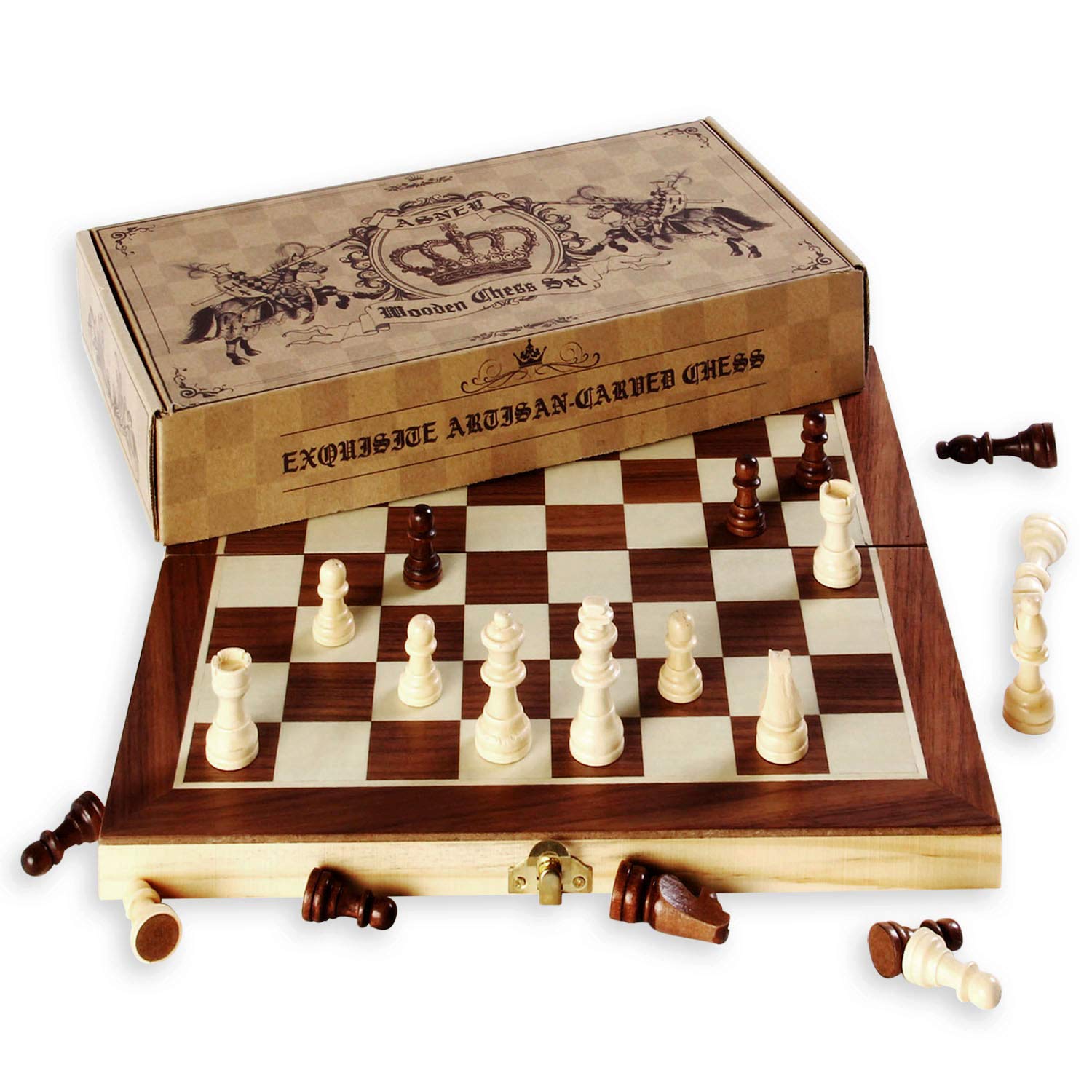 ASNEY Upgraded Magnetic Chess Set, 12β x 12β Folding Wooden Chess Set with Magnetic Crafted Chess Pieces, Chess Game Board Set with Storage Slots, Includes Extra Kings, Queens and Carry Bag