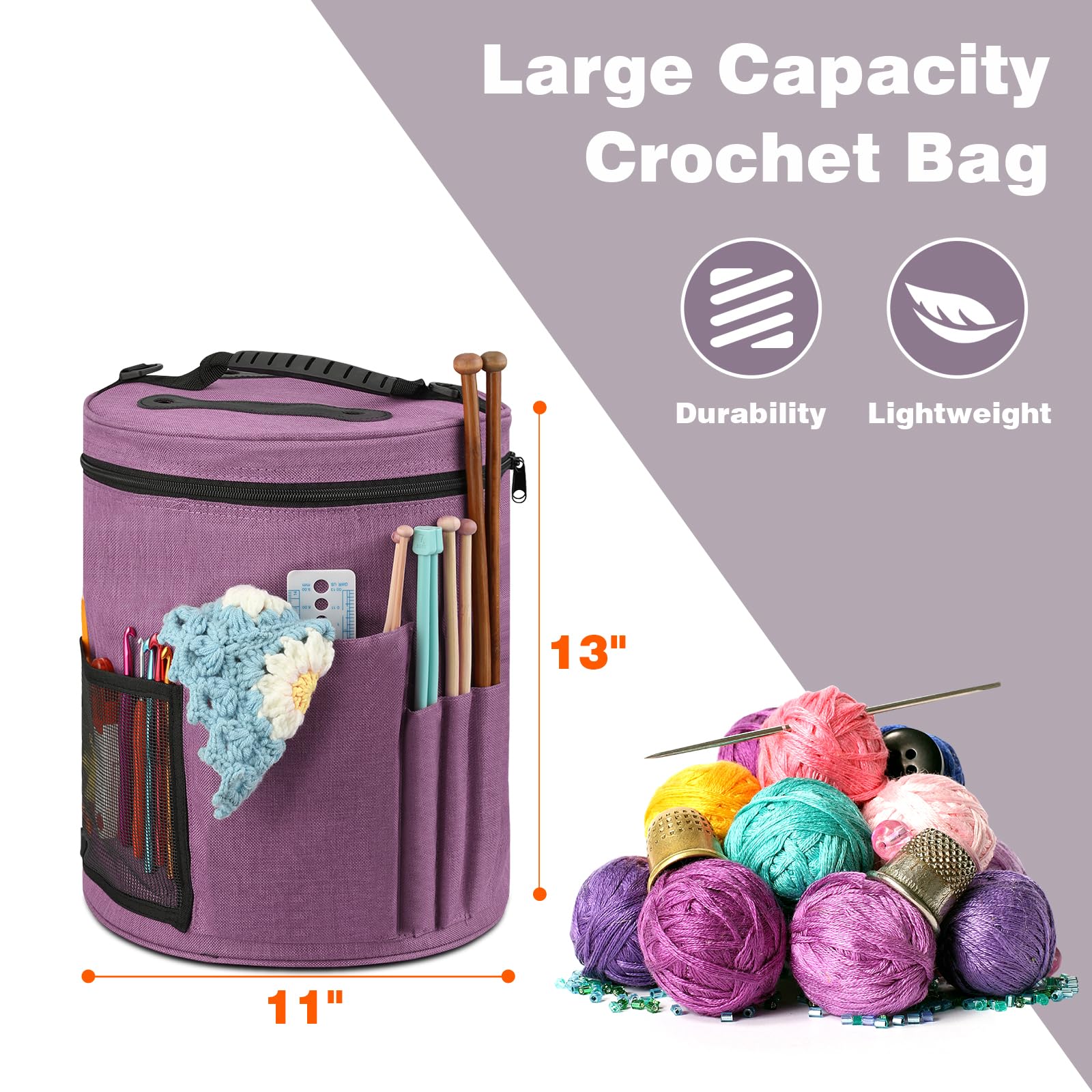 Crochet Bag for Yarn Storage, WITSTEP Knitting Needle Organizer Bag, Crochet Tote Bag Holder with Front Pocket for Store Yarn, Knitting Needle, Crochet Hooks