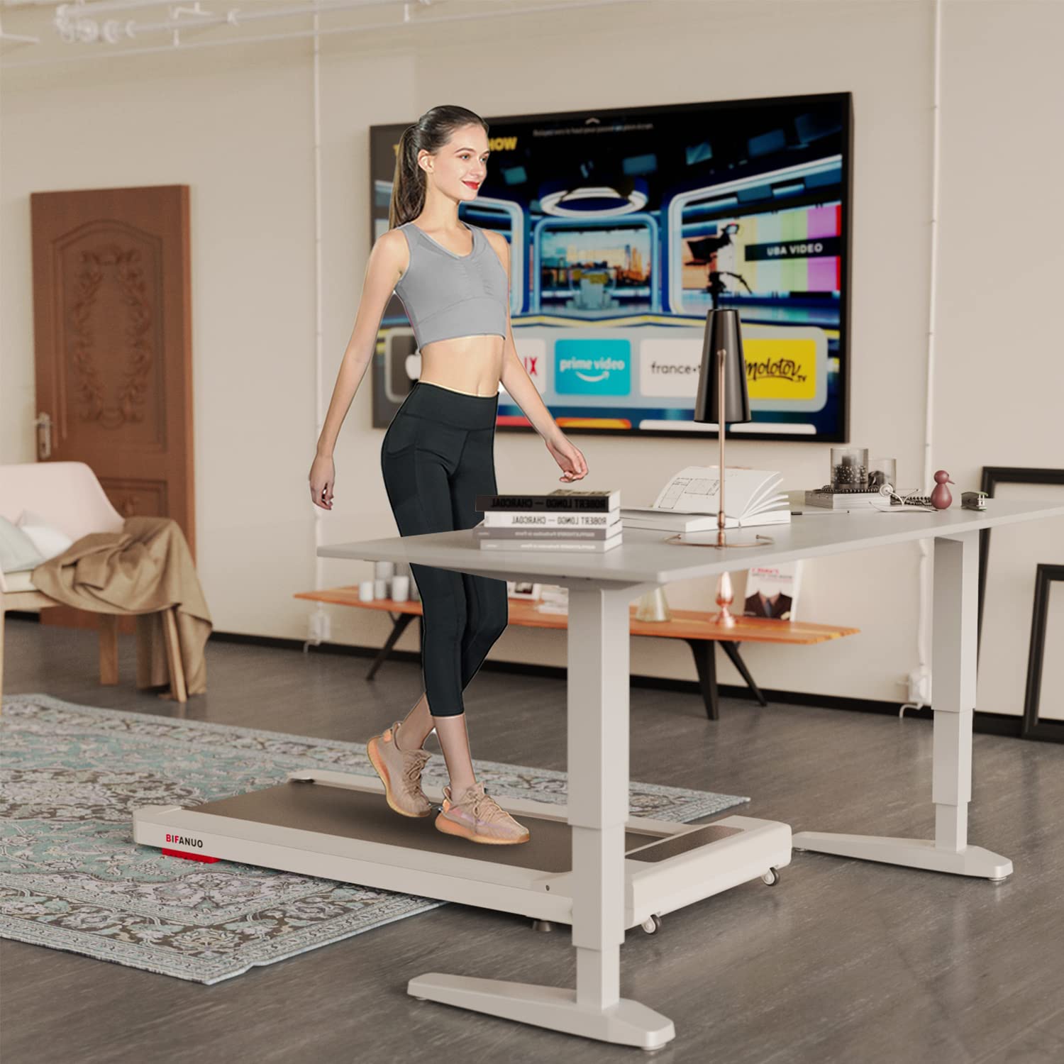Bifanuo Under Desk Treadmill, 2.25HP Walking Treadmill with 265lb Weight Capacity, Portable Walking Pad Design, Desk Treadmill for Home Office with IR Remote Control(White)