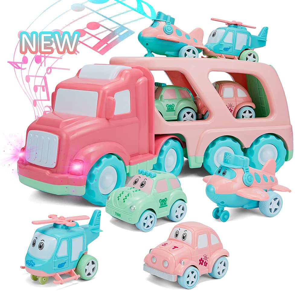 KOODER Cartoon Car Toys Set for 3 4 5 6 Years Old Toddlers Kids, Pink Truck with Sound and Light, Pink Car Toy Set in Friction Powered Carrier Truck, Christmas Birthday Gifts for Boys and Girls