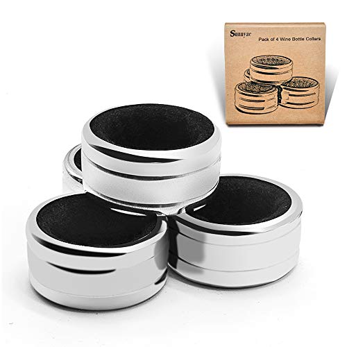 SunnyacÂŽ Pack of 4 Kitchen Stainless Steel Wine Bottle Collars, Durable Wine Drip Ring,1.6 inch (Black Wave)