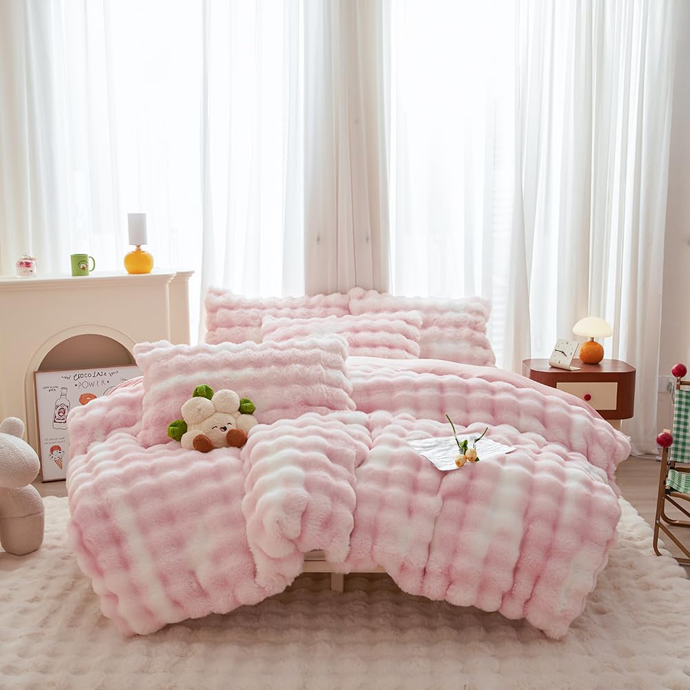 chovy Kids Girls Rabbit Plush Pink White Comforter Sets Twin/Full - 3PC Faux Fur Bed Set Skin Friendly Soft Warm Velvet Flannel Fluffy Fuzzy Bedding(Comforter x 1 Pillowcases x 2)