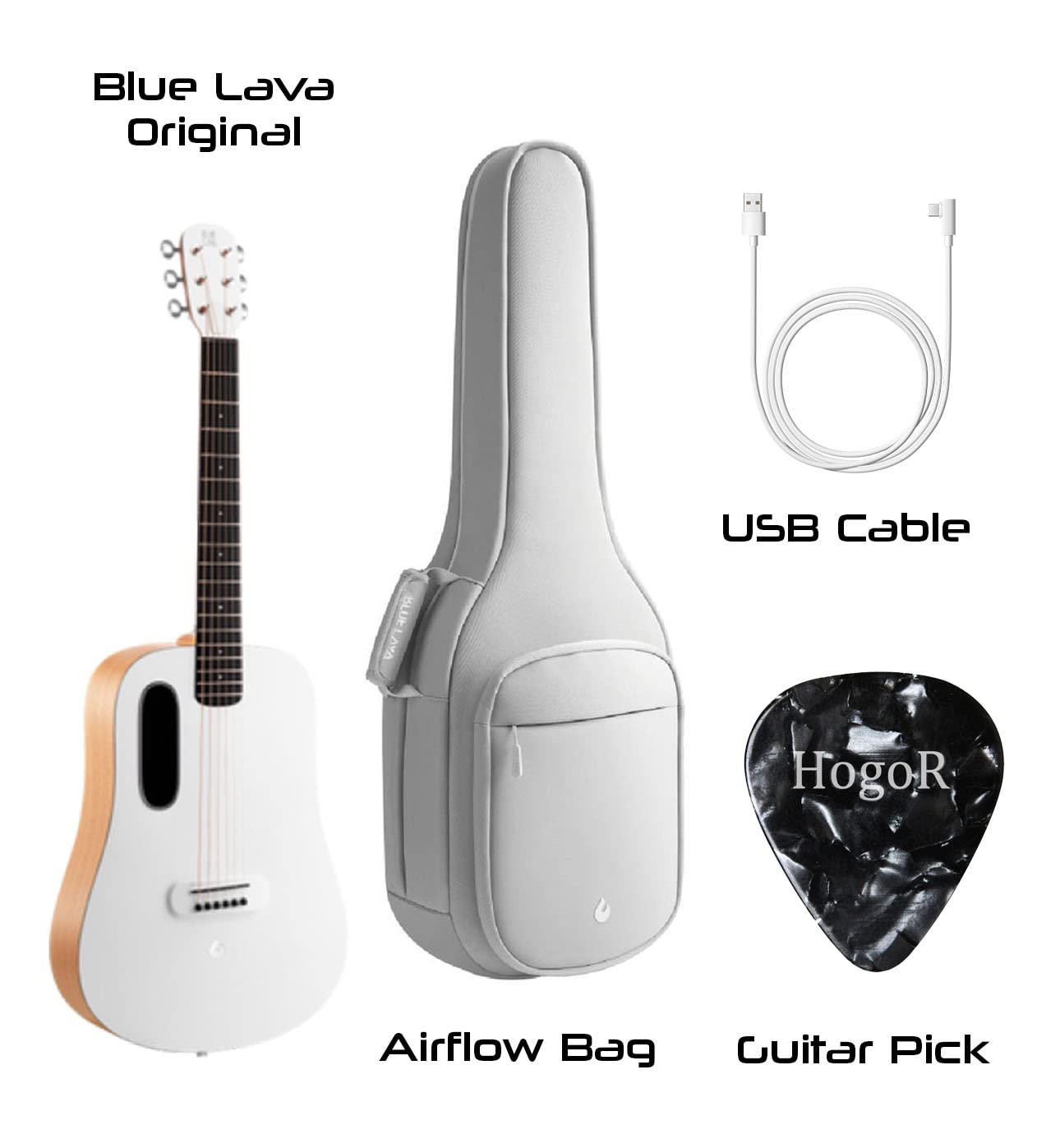 BLUE LAVA Original 36" Frost White Guitar for Right Handers | 4-MASS Technology | LIte Bag Multi-touch Display Integrated with HILAVA OS & Loops App Bundle with HogoR Guitar Pick