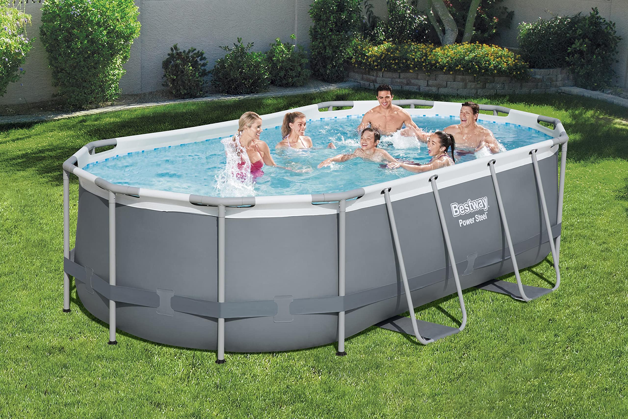 Bestway Power Steel 14' x 8'2" x 39.5" Oval Above Ground Pool Set | Includes 530gal Filter Pump, Ladder, ChemConnect Dispener and Poolmaster 22211 Smart Test 4-Way Pool and Spa Test Strips - 50ct