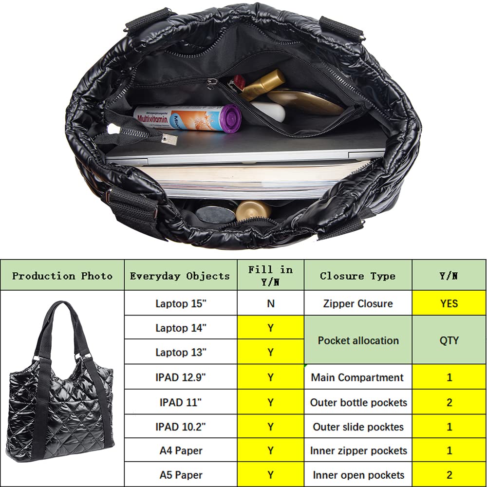 big Quilted Padding Tote Handbags Women Lightweight Padded Nylon Large Puffy Puffer purse Bag Multi Pockets shoulder bag