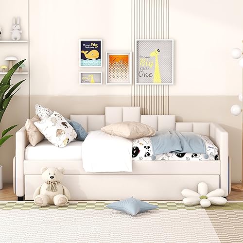 DEYOBED Twin Size Upholstered Daybed with Trundle, Light and 2 USB Ports, Twin Day Bed Sofa Bed Frame for Bedroom Living Room Guestroom, No Box Spring Needed, Beige