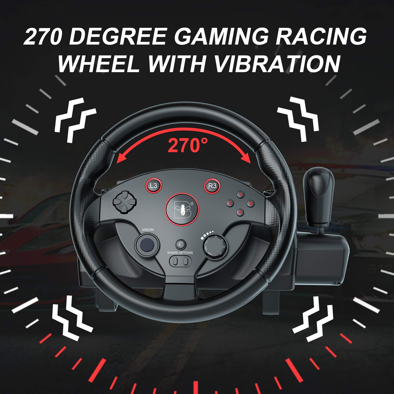 HG 2021 Gaming Racing Wheel 270 Degree Race Steering Wheel with Pedals and Double Vibration Function for PC/XBOX ONE/XBOX 360 / PS4 / PS3 / Nintendo Switch
