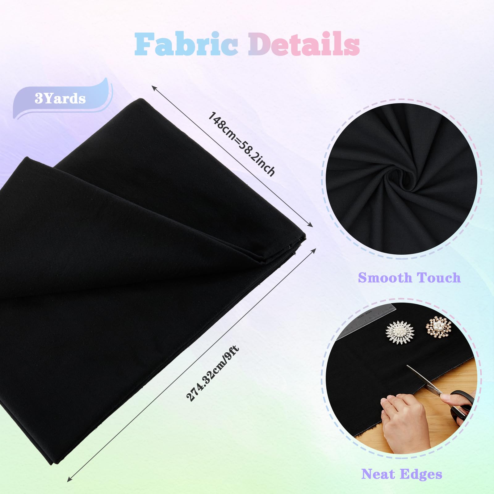 Black Cotton Fabric by Yard - Muslin Fabric by The Yard 100% Cotton Quilting Crafting Cuttable Cloth 3 Yards Sewing Material Apparel Cloth